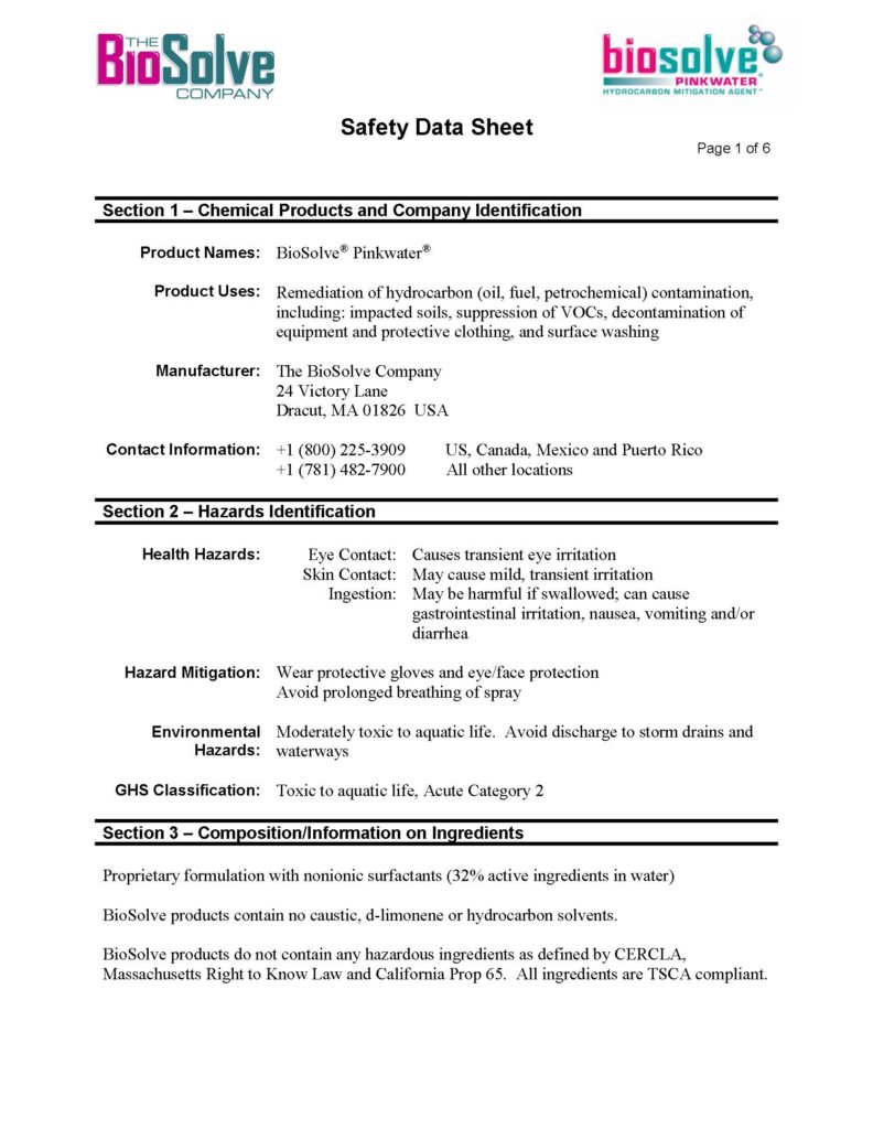 BioSolve SDS | BioSolve Pinkwater SDS